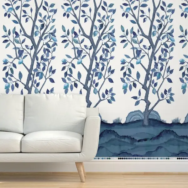 Spoonflower Bird Blue Tree Navy Landscape Custom Pre-pasted Wallpaper - Blue,gray