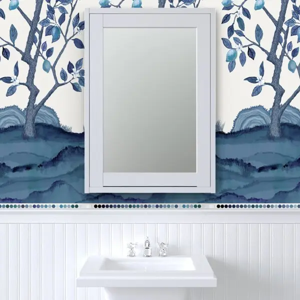 Spoonflower Bird Blue Tree Navy Landscape Custom Pre-pasted Wallpaper - Blue,gray