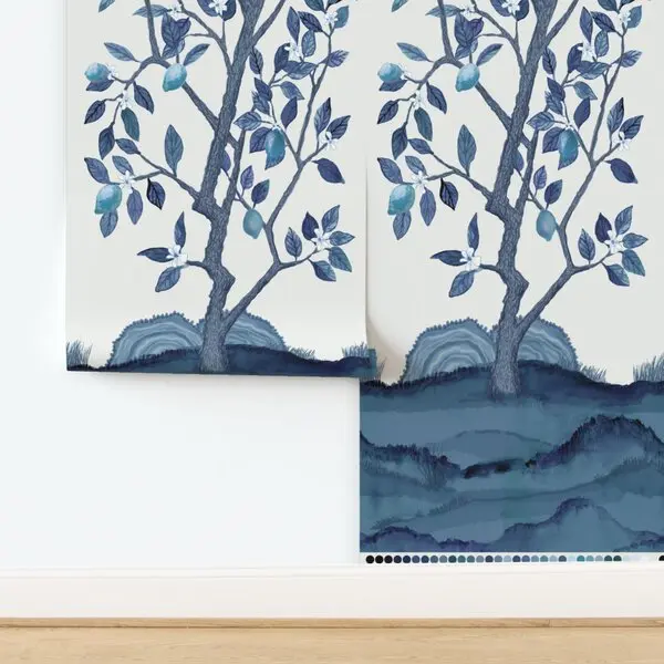 Spoonflower Bird Blue Tree Navy Landscape Custom Pre-pasted Wallpaper - Blue,gray