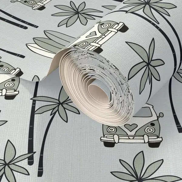 Spoonflower Palm Tree Island Surfing Hippie Van 100% Natural Sisal Grasscloth Wallcovering - Green