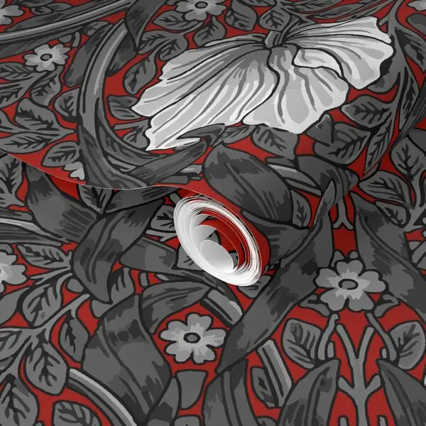 Spoonflower Vines Floral Turkey Red Pimpernel Adrianople Traditional Wallpaper - Gray,white,red