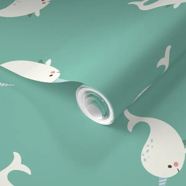 Spoonflower Green Cute Fish Animals Friends Nursery Traditional Wallpaper - Green,gray,turquoise