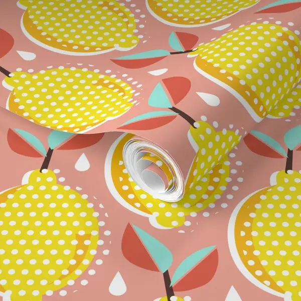 Spoonflower Lemon Fresh Blush Pop Art Summer Fruit Pink Traditional Wallpaper - Yellow,pink,orange