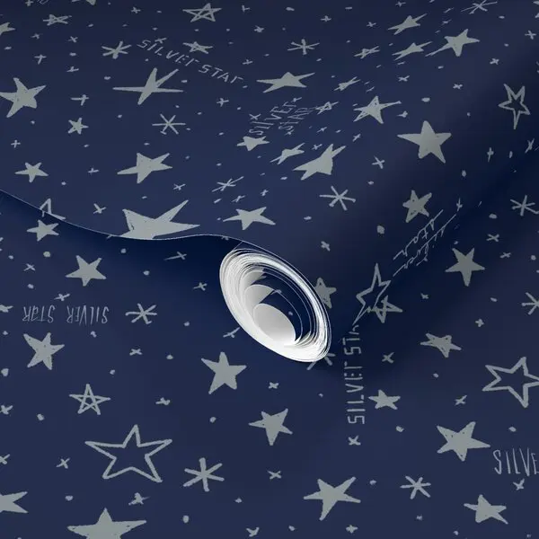 Spoonflower Blue Stars Grey Night Sky Navy Custom Pre-pasted Wallpaper - Blue,gray,navy