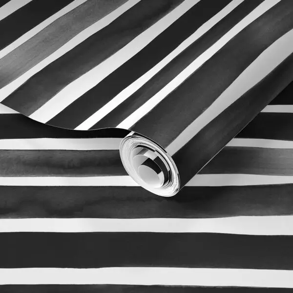 Spoonflower Black Watercolor Stripes White Horizontal Ink Traditional Wallpaper - Black,white,gray