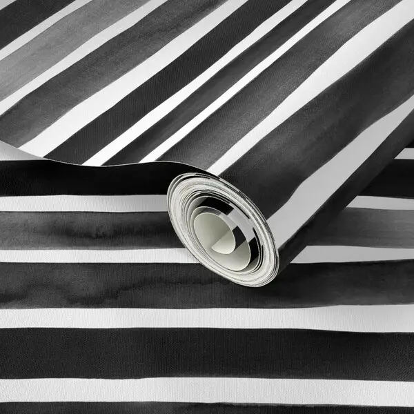 Spoonflower Black Watercolor Stripes White Horizontal Ink Traditional Wallpaper - Black,white,gray