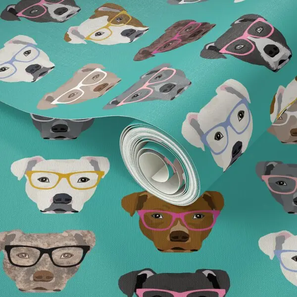 Spoonflower Pitbull Glasses Cute Dogs Pitty Turquoise Pitbulls Custom Removable Wallpaper - Turquoise,white,brown