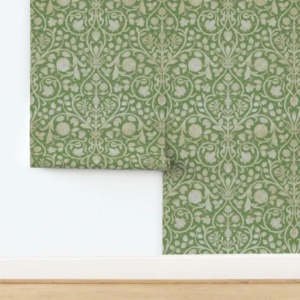 Spoonflower Spring Green Damask French Floral Custom Pre-pasted Wallpaper