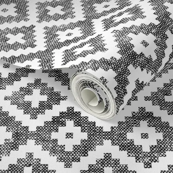 Spoonflower Black White Monochrome Modern Boho Southwestern Custom Pre-pasted Wallpaper - Black,white,gray