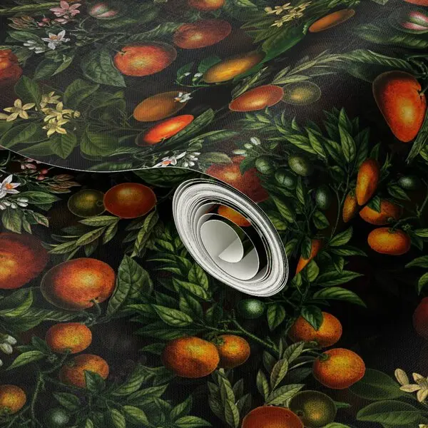 Spoonflower Vintage Oranges Fruit Pattern Custom Pre-pasted Wallpaper - Green,orange,brown