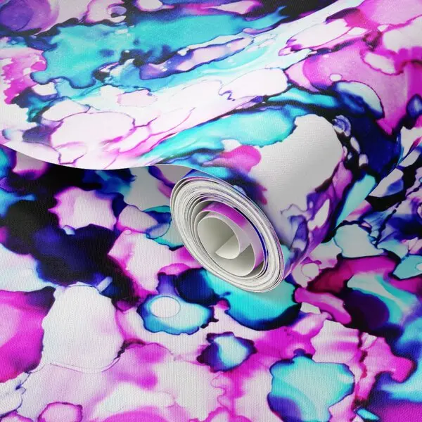 Spoonflower Pink Purple Abstract Paint Aqua Watercolor Mermaid Custom Removable Wallpaper - Purple,pink,blue