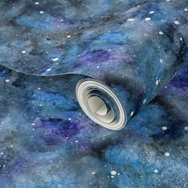 Spoonflower Stars Watercolor Space Galaxy Nebula Night Sky Custom Pre-pasted Wallpaper - Blue