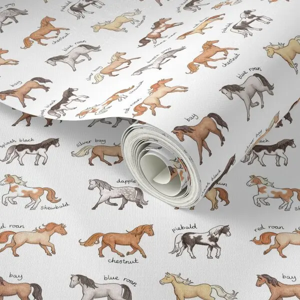 Spoonflower Horses Horse Pony Gray Animal Equestrian Custom Removable Wallpaper - White,brown,gray