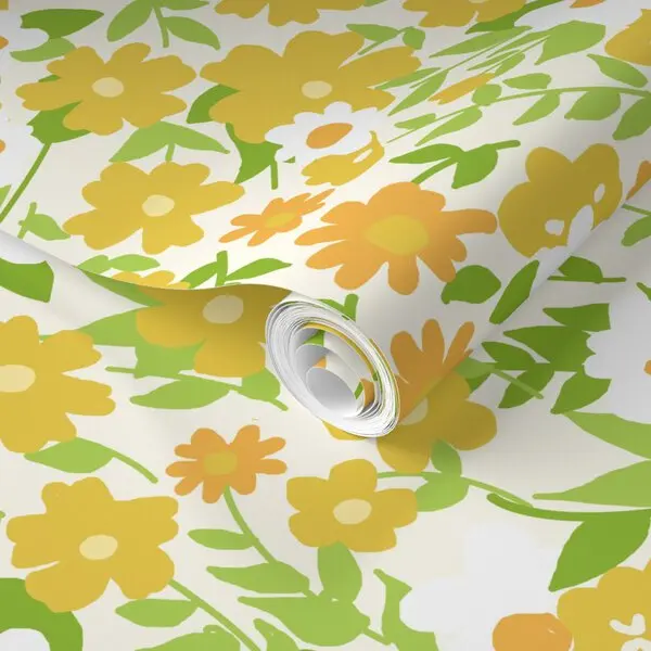 Spoonflower Vintage Yellow Floral Kitsch Custom Pre-pasted Wallpaper - Green,white,yellow