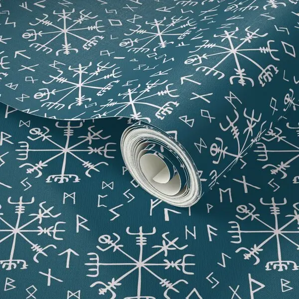Spoonflower Vintage Historical Line Art Compass Custom Pre-pasted Wallpaper - Blue
