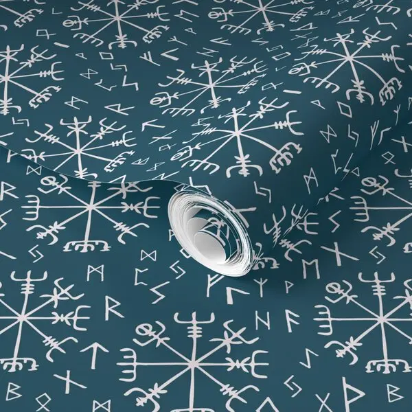 Spoonflower Vintage Historical Line Art Compass Custom Pre-pasted Wallpaper - Blue