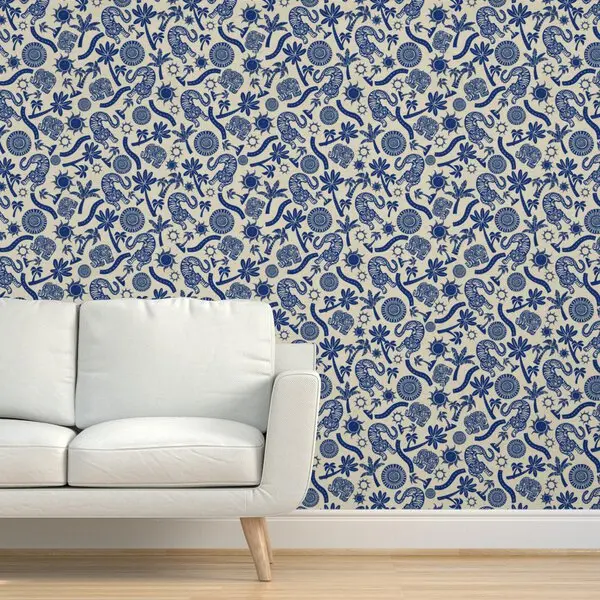 Spoonflower India Adventure Block Blue 100% Natural Sisal Grasscloth Wallcovering