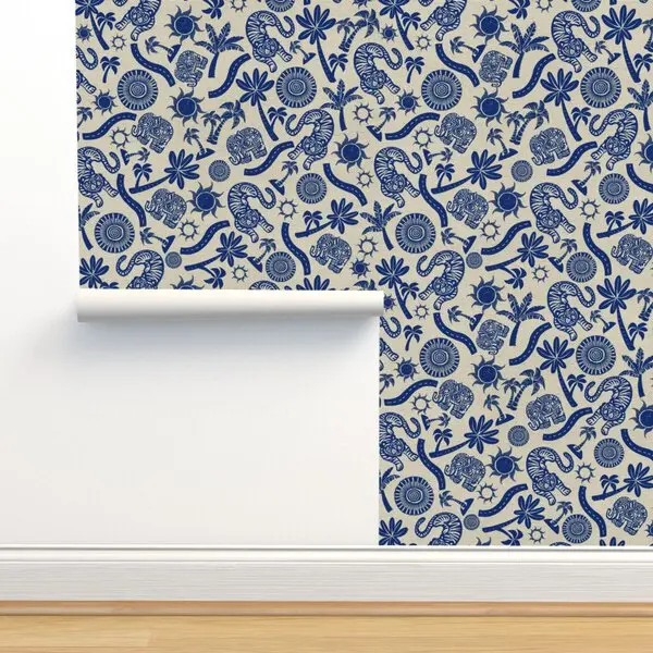 Spoonflower India Adventure Block Blue 100% Natural Sisal Grasscloth Wallcovering