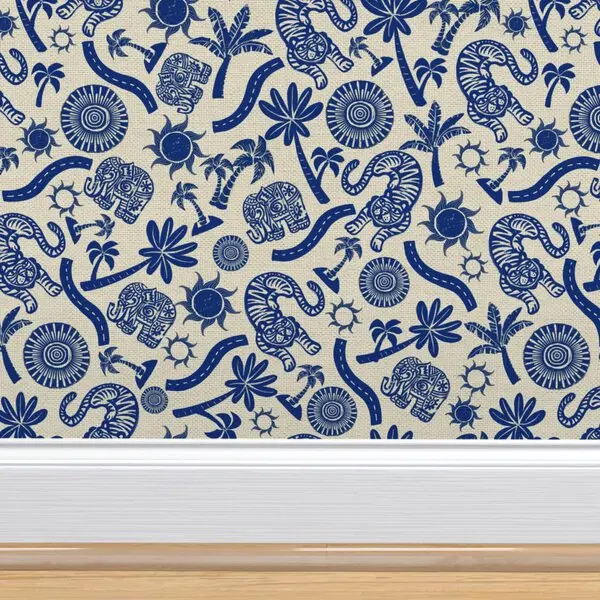 Spoonflower India Adventure Block Blue 100% Natural Sisal Grasscloth Wallcovering