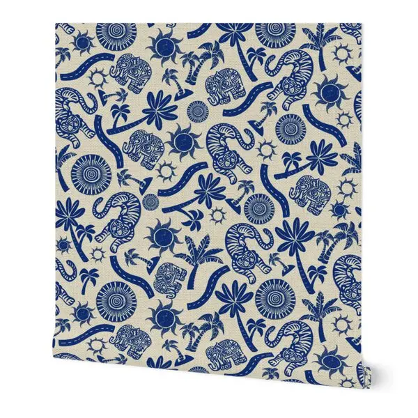 Spoonflower India Adventure Block Blue 100% Natural Sisal Grasscloth Wallcovering