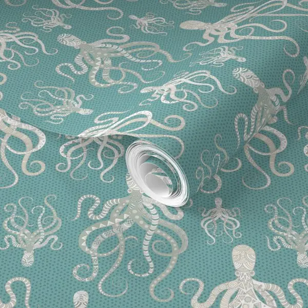 Spoonflower Sage Octopus Tentacles Sea Life Creature Aquatic Traditional Wallpaper - White,blue,green