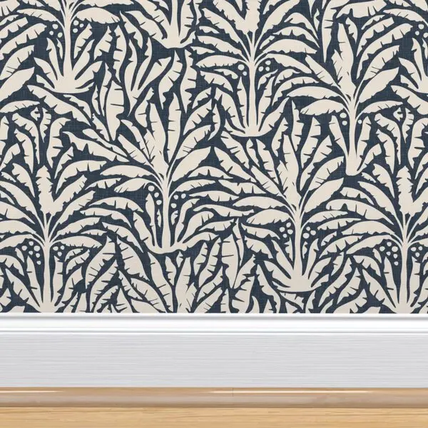 Spoonflower Palm Trees On Navy Blue Large 100% Natural Sisal Grasscloth Wallcovering - Blue,navy,ivory