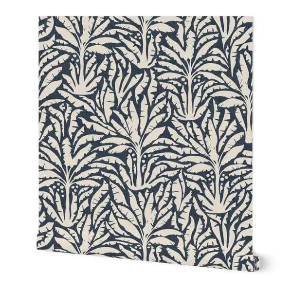 Spoonflower Palm Trees On Navy Blue Large 100% Natural Sisal Grasscloth Wallcovering - Blue,navy,ivory