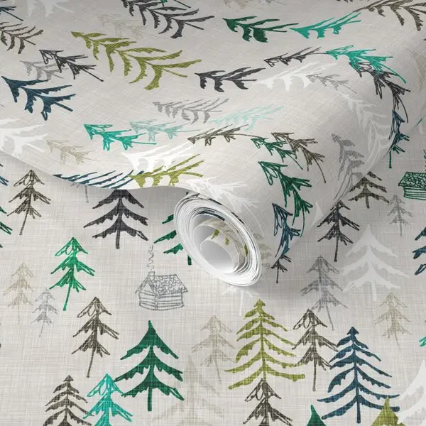 Spoonflower Green Forest Woods Explore Mountain Camping Trees Custom Removable Wallpaper - Green,gray