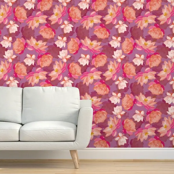 Spoonflower Pink Flower Floral Peach Lilac Lotus Custom Removable Wallpaper - Pink,brown,red