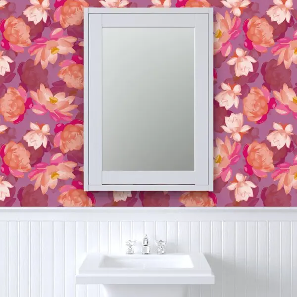Spoonflower Pink Flower Floral Peach Lilac Lotus Custom Removable Wallpaper - Pink,brown,red