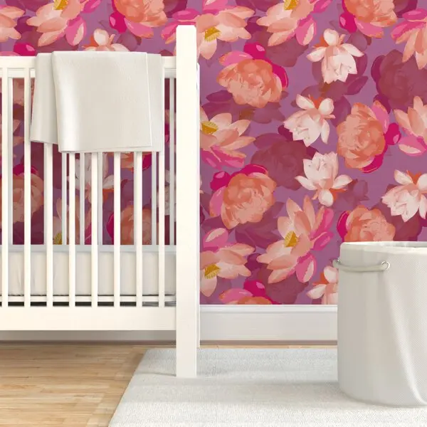 Spoonflower Pink Flower Floral Peach Lilac Lotus Custom Removable Wallpaper - Pink,brown,red
