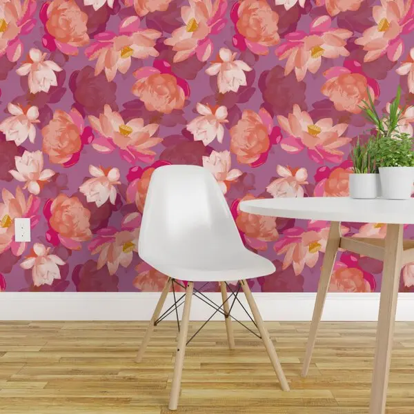 Spoonflower Pink Flower Floral Peach Lilac Lotus Custom Removable Wallpaper - Pink,brown,red