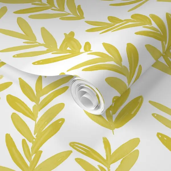 Spoonflower Yellow Leaves Sage Foliage Tropical Sprigs Citron Traditional Wallpaper - Yellow,white,green
