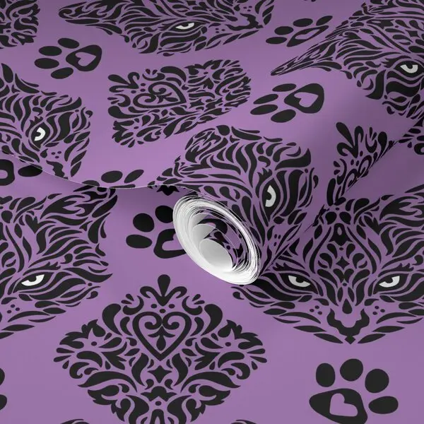 Spoonflower Mystic Cat Damask Purple Halloween Paw Kitty Traditional Wallpaper - Purple,black