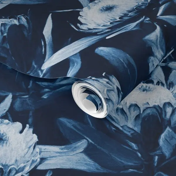 Spoonflower Indigo Protea Floral Painted Navy Blue Leaves Custom Removable Wallpaper - Indigo,blue