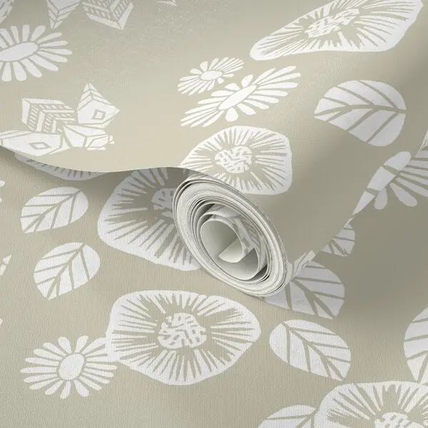 Spoonflower Floral Art Decor Interior Woodcut Custom Removable Wallpaper - Gray,white,green