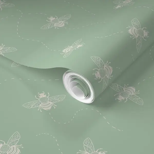 Spoonflower Bees Sage Green White Custom Pre-pasted Wallpaper - Green,beige
