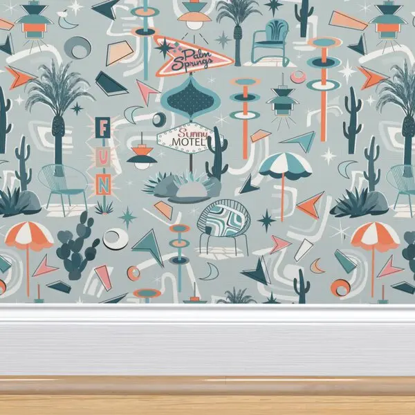 Spoonflower Palm Springs Mid Century Modern Fun 100% Natural Sisal Grasscloth Wallcovering