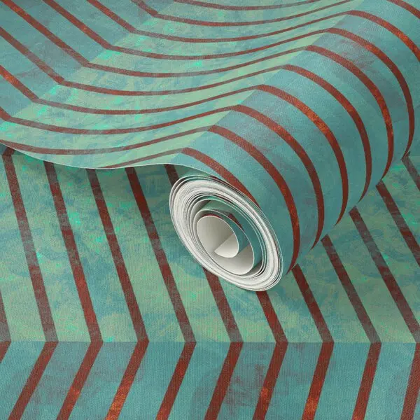 Spoonflower Herringbone Stripe Row Teal Rust Aqua Wall Zigzag Traditional Wallpaper - Green,brown,blue