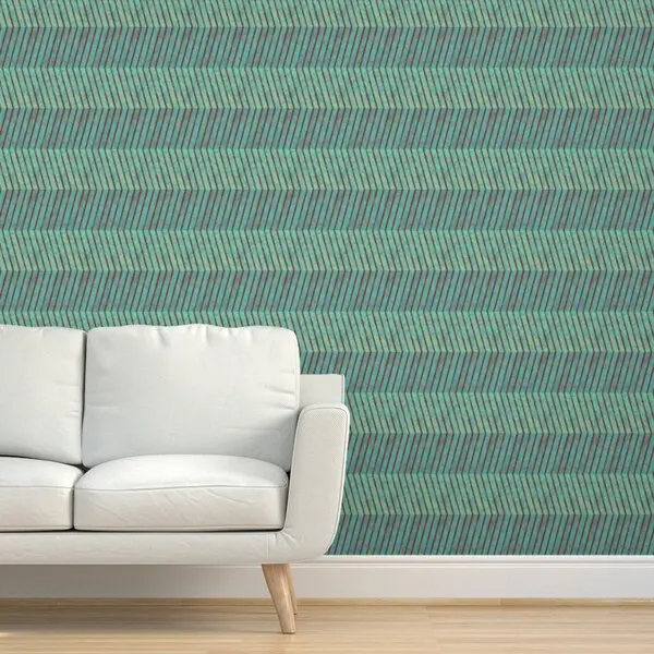 Spoonflower Herringbone Stripe Row Teal Rust Aqua Wall Zigzag Traditional Wallpaper