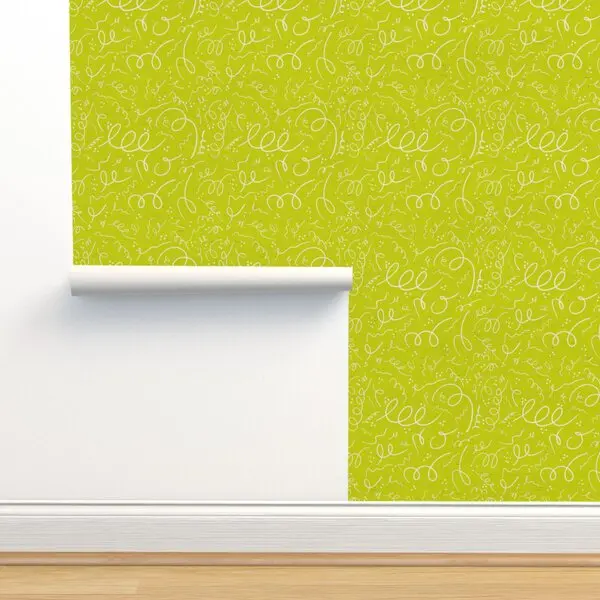 Spoonflower Chartreuse Scribbles 100% Natural Sisal Grasscloth Wallcovering
