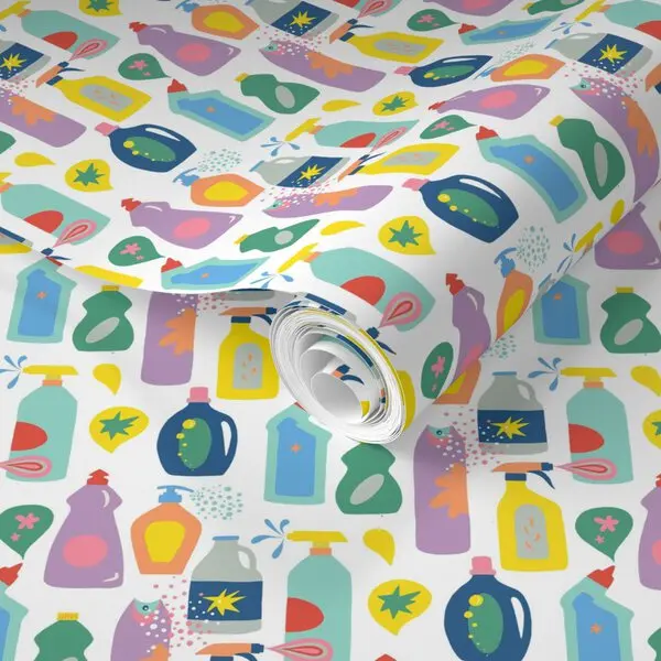 Spoonflower Bubbles Splash Laundry Rainbow Bottles Dishes Custom Pre-pasted Wallpaper - Purple,blue,orange