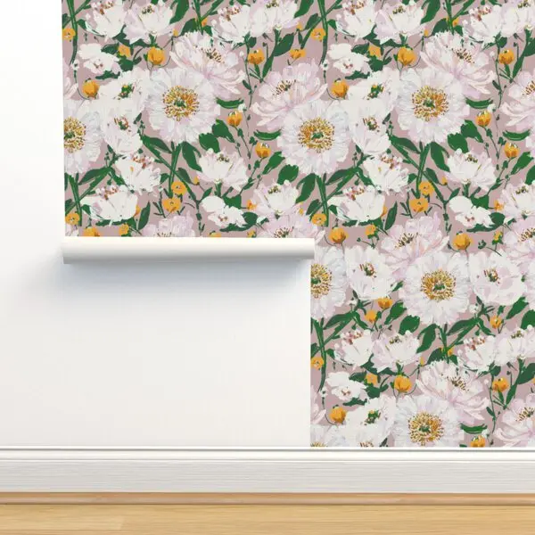 Spoonflower Peonies On Dusty 100% Natural Sisal Grasscloth Wallcovering