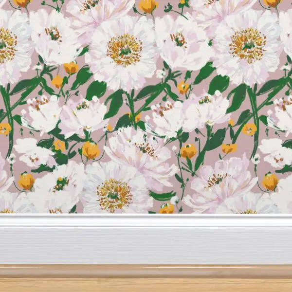 Spoonflower Peonies On Dusty 100% Natural Sisal Grasscloth Wallcovering