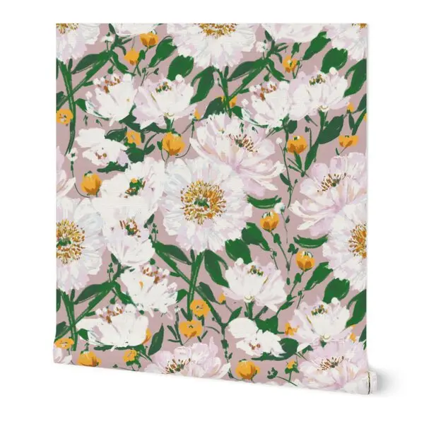 Spoonflower Peonies On Dusty 100% Natural Sisal Grasscloth Wallcovering
