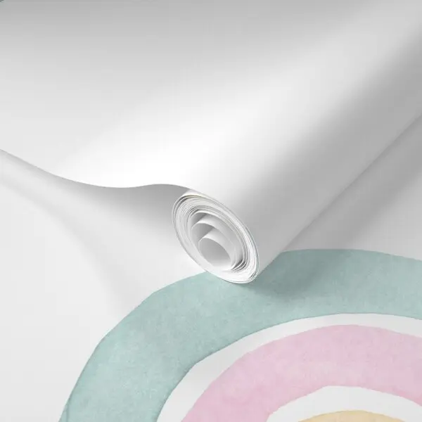 Spoonflower Pastel Rainbow Pink Watercolor Rainbows Custom Pre-pasted Wallpaper - Gray,beige