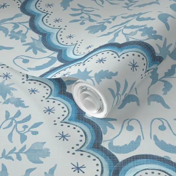 Spoonflower Paisley Watercolor Scallop Blue And White Block Custom Pre-pasted Wallpaper - Blue,white,gray