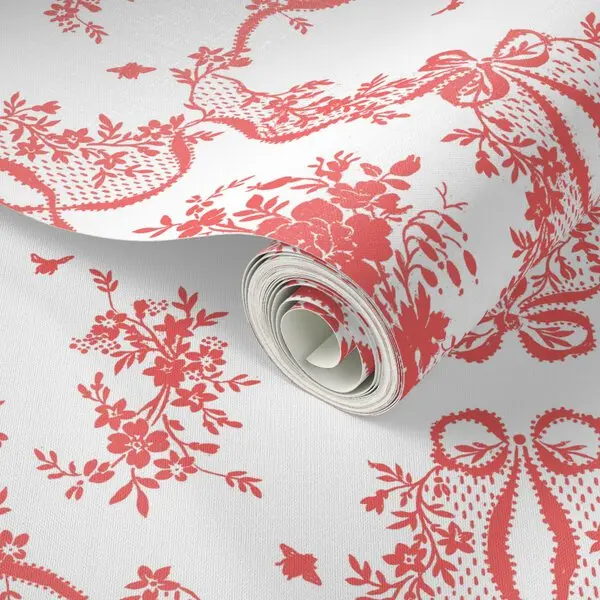 Spoonflower Flowers Red Floral Birds Ribbons Damask Toile Custom Pre-pasted Wallpaper - Gray,pink