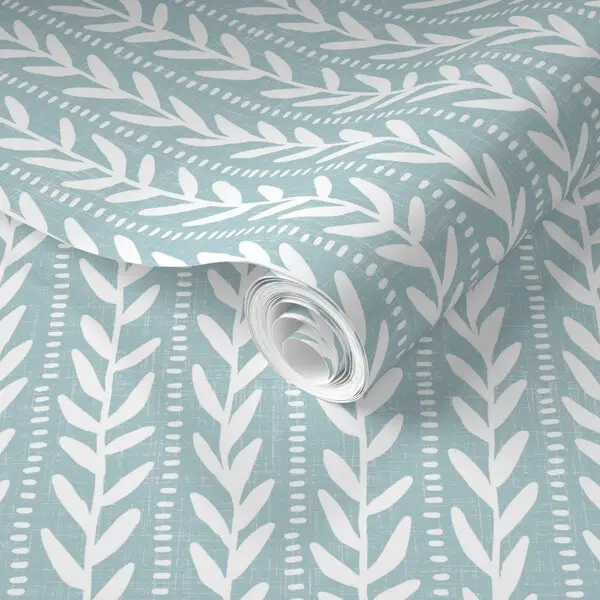 Spoonflower White Vines Light Blue Fresh Decor Vertical Traditional Wallpaper - Blue,white,gray