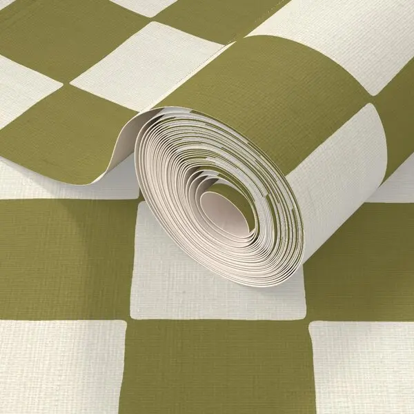 Spoonflower Jumbo Retro Checker Checkerboard In Avocado 100% Natural Sisal Grasscloth Wallcovering - Green